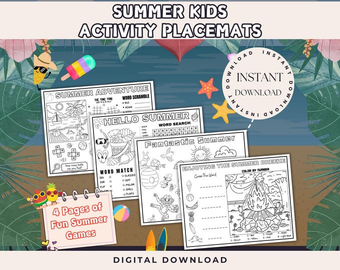 Summer Games Activity Placemat Printable, Summer Party Craft Coloring ...