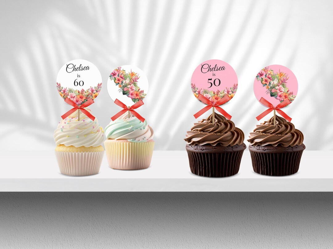 Tropical Flower Cupcake Topper Template: Luau Party Decor (DIY Canva ...