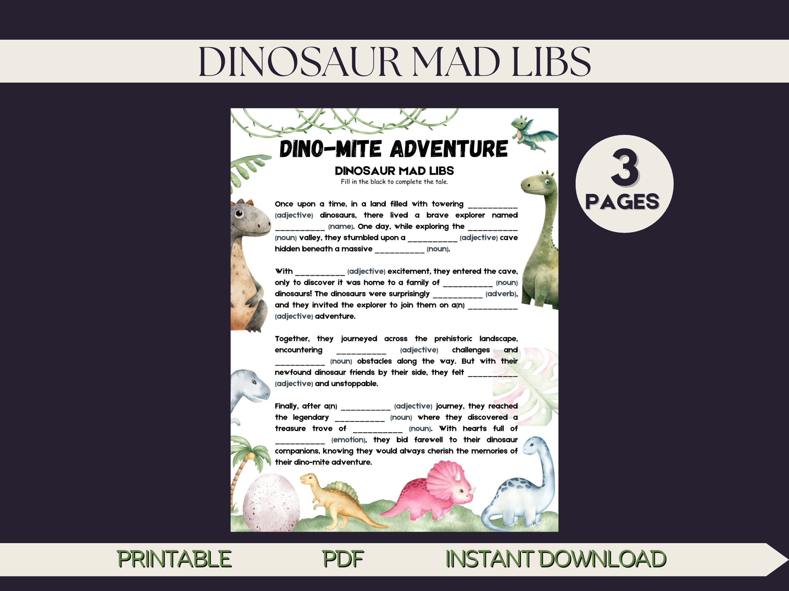 Dinosaur Printables| Dinosaur Mad Libs Party Favor | Printable Mad Libs ...
