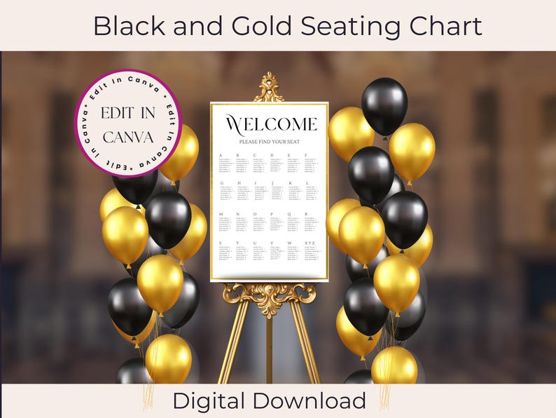 Gold Border Seating Chart Template in Alphabetical Order, Printable for ...