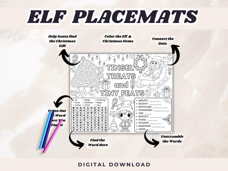 Elf Activity Placemats: Fun for Kids & Family Dinners, Keep Children ...