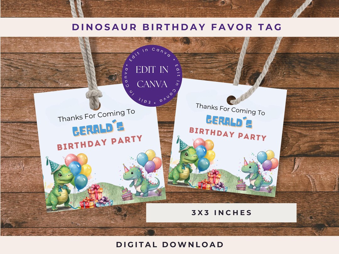 Dinosaur Birthday Favor Tag Template 3x3 Custom Tag for Kids Birthday ...