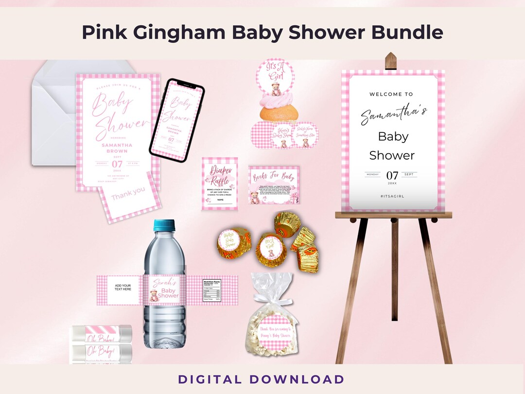 Pink Gingham Baby Shower Bundle: Editable Templates (digital Download ...