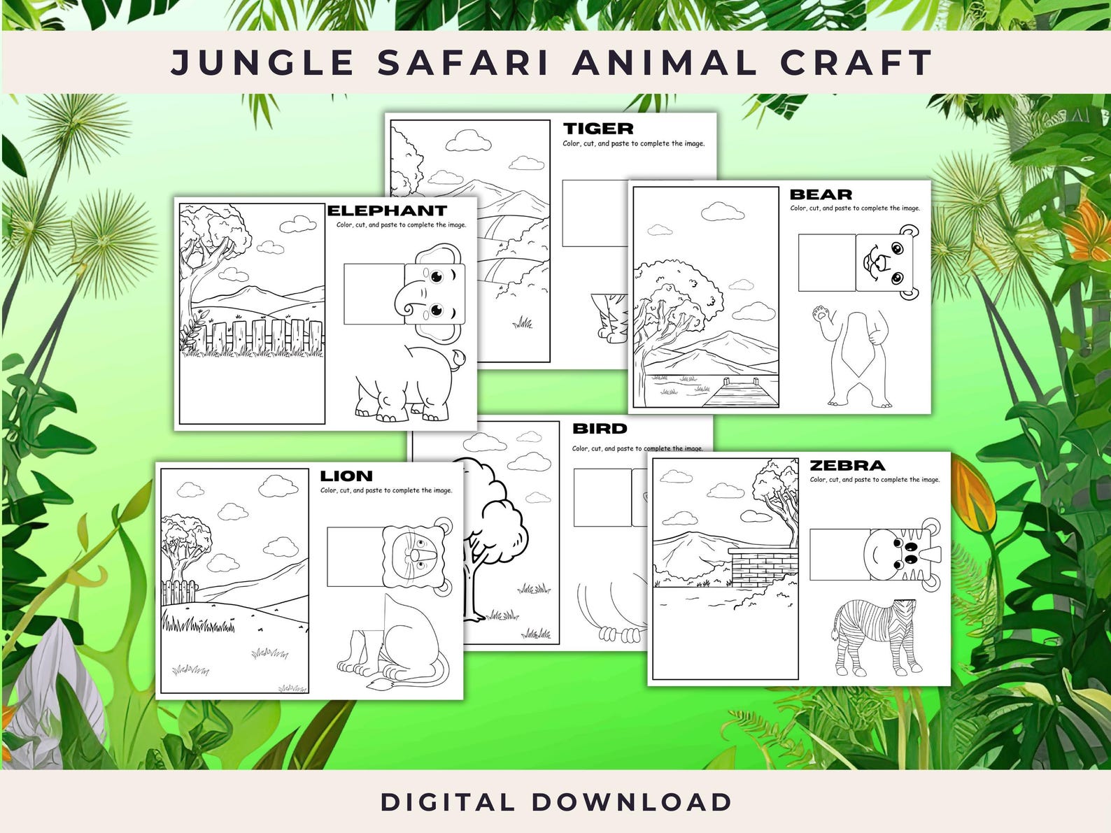 Jungle Safari Animal Kids Crafts Printable - Fun Party Favor and ...