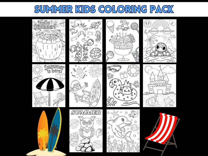Summer Kids Coloring Pages: Beach Theme Art (digital Download) - Etsy