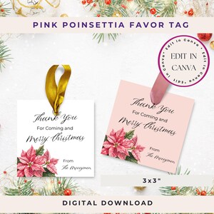 Pink Poinsettia Party Favor Tag Template, Editable in Canva, 3x3 ...