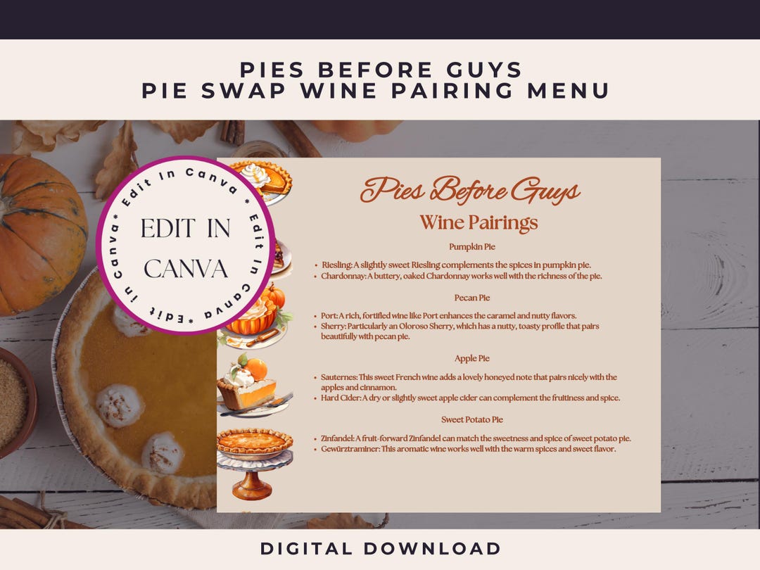 Pies Before Guys Pie Swap Wine Pairing Menu Template | 8x10 ...