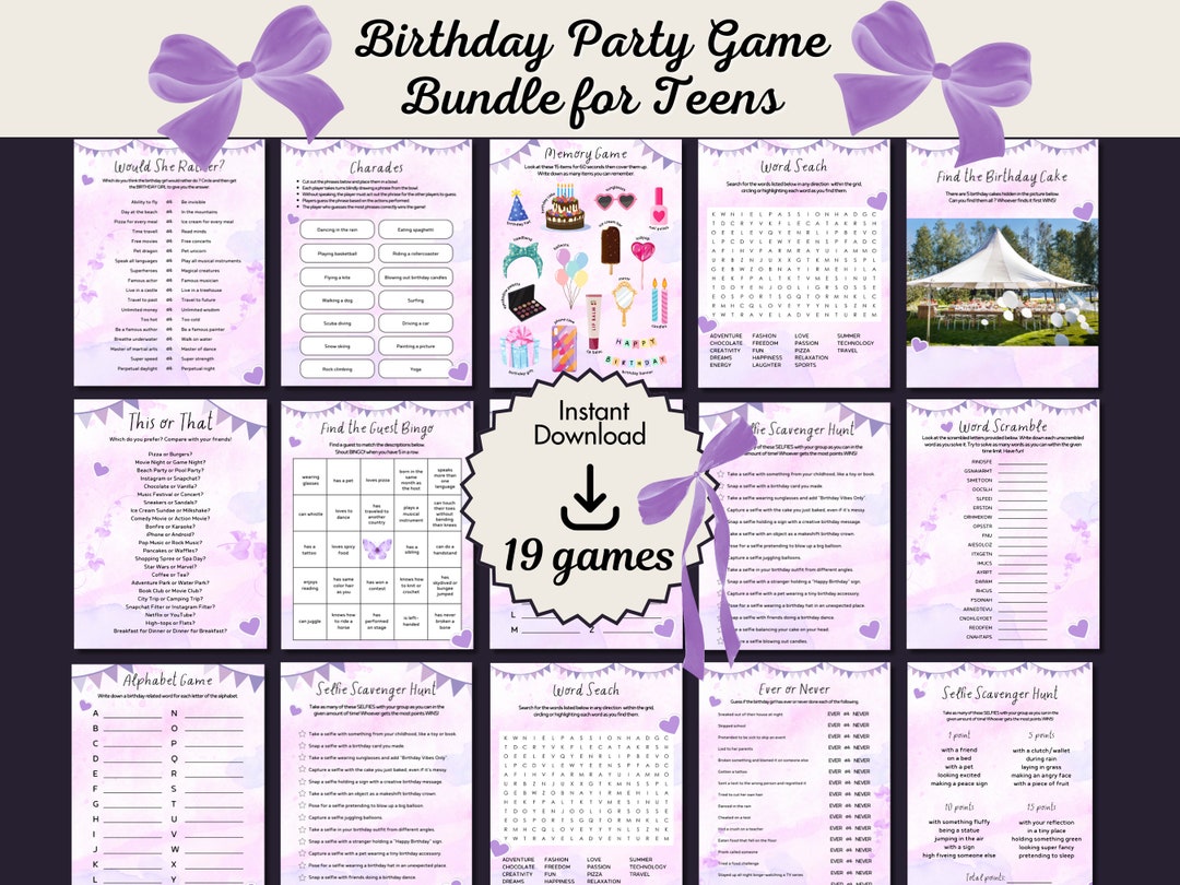 Birthday Party Games Bundle | Printable Fun for Teen Girls | Purple ...