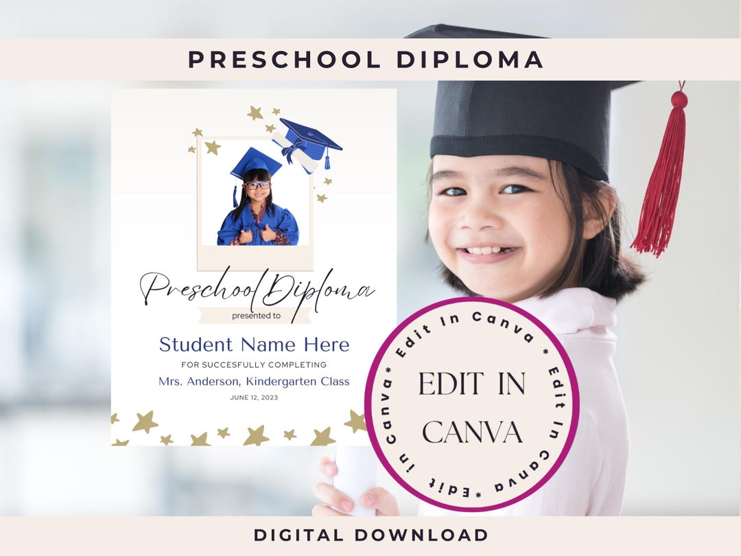 Editable Preschool Diploma With Photo | Customizable Certificate ...