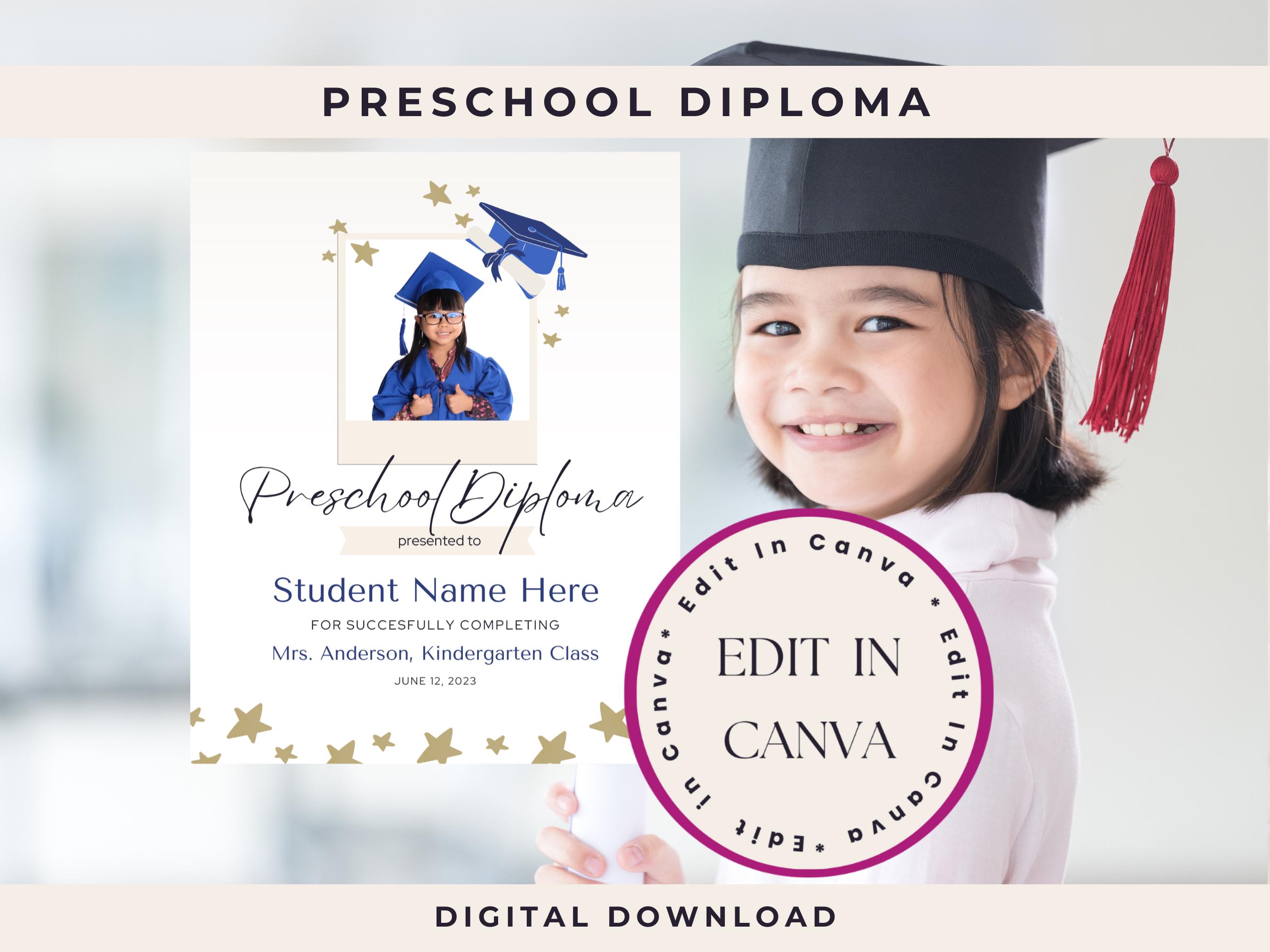 Editable Preschool Diploma With Photo | Customizable Certificate ...