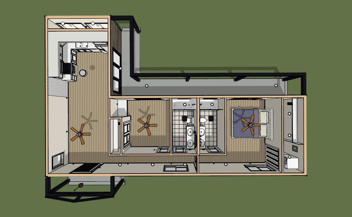 L Shaped Tiny House W/ Courtyard 2 Bedroom 2 Bath 1,057SF Architectural ...