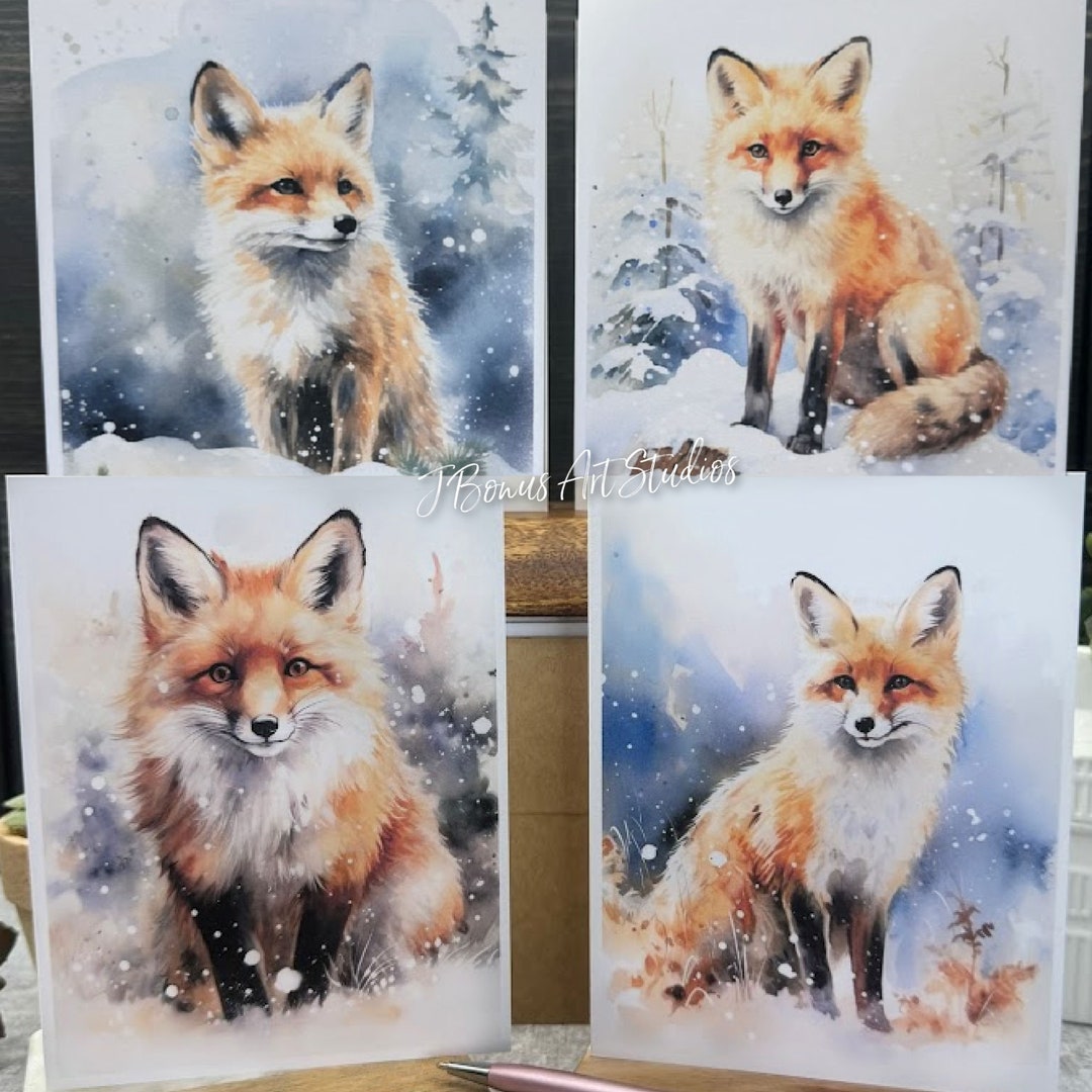 Winter Fox Thank You Notecards With Envelopes, Watercolor Folded Note ...