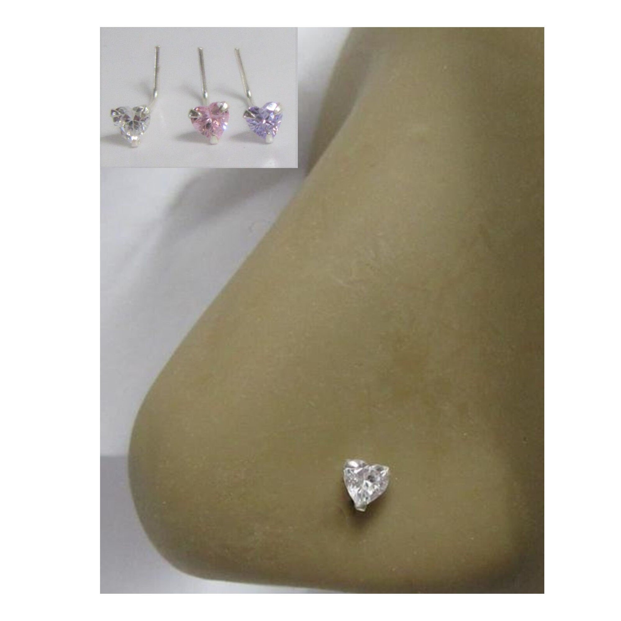 Heart 22G Pronged Nose Studs L Shape Bent Post Nose Ring Pins 22 Gauge ...