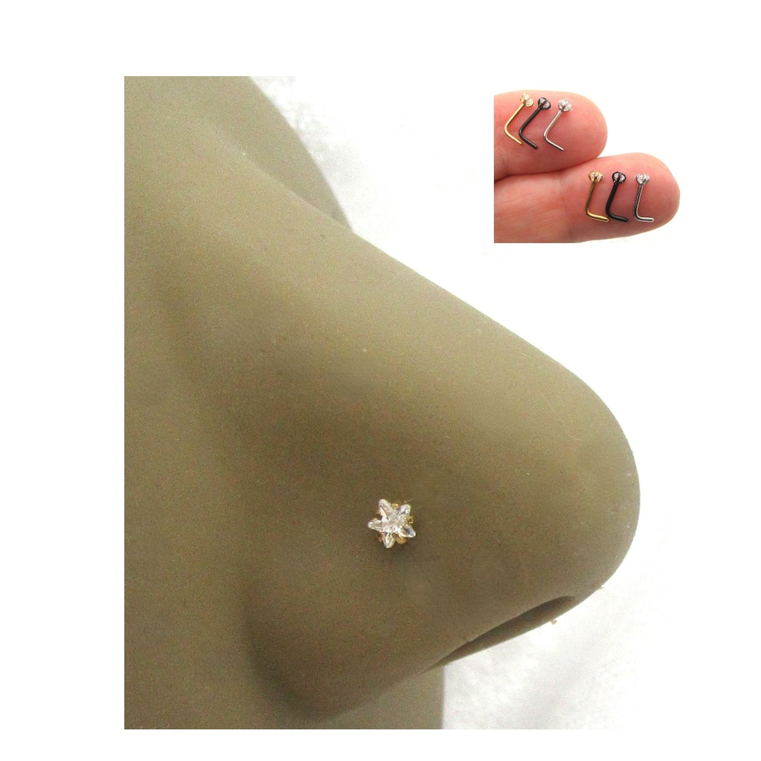 18G 20G Star Nose Stud L Shape Bent Post Nose Ring Pin 18 20 Gauge 20G ...