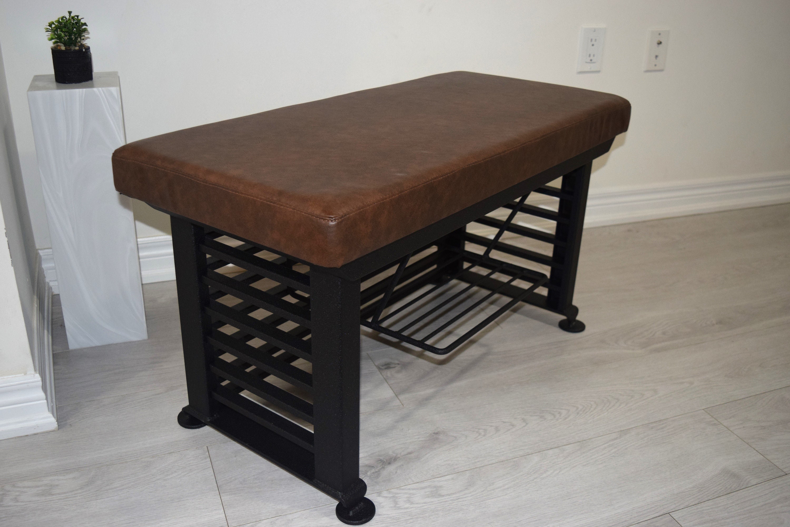 Handmade Iron Bench With Rexine Seat and Inbuilt Shelf Shoe Stand and ...