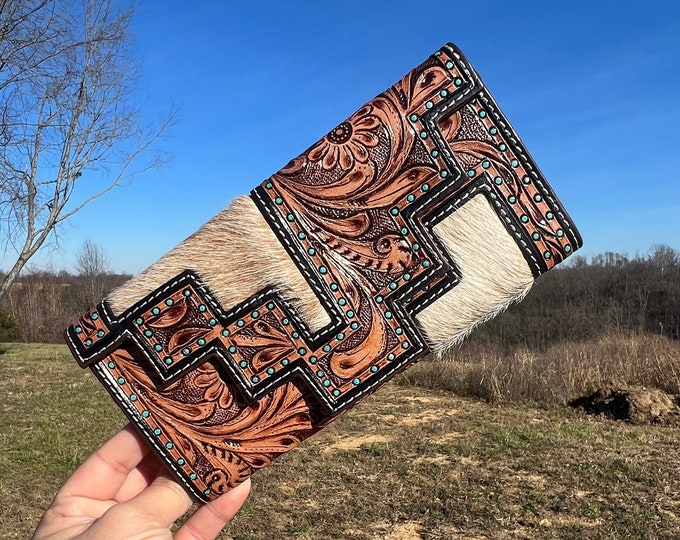 Get Squared Tooled Leather & Cowhide Wallet - Etsy