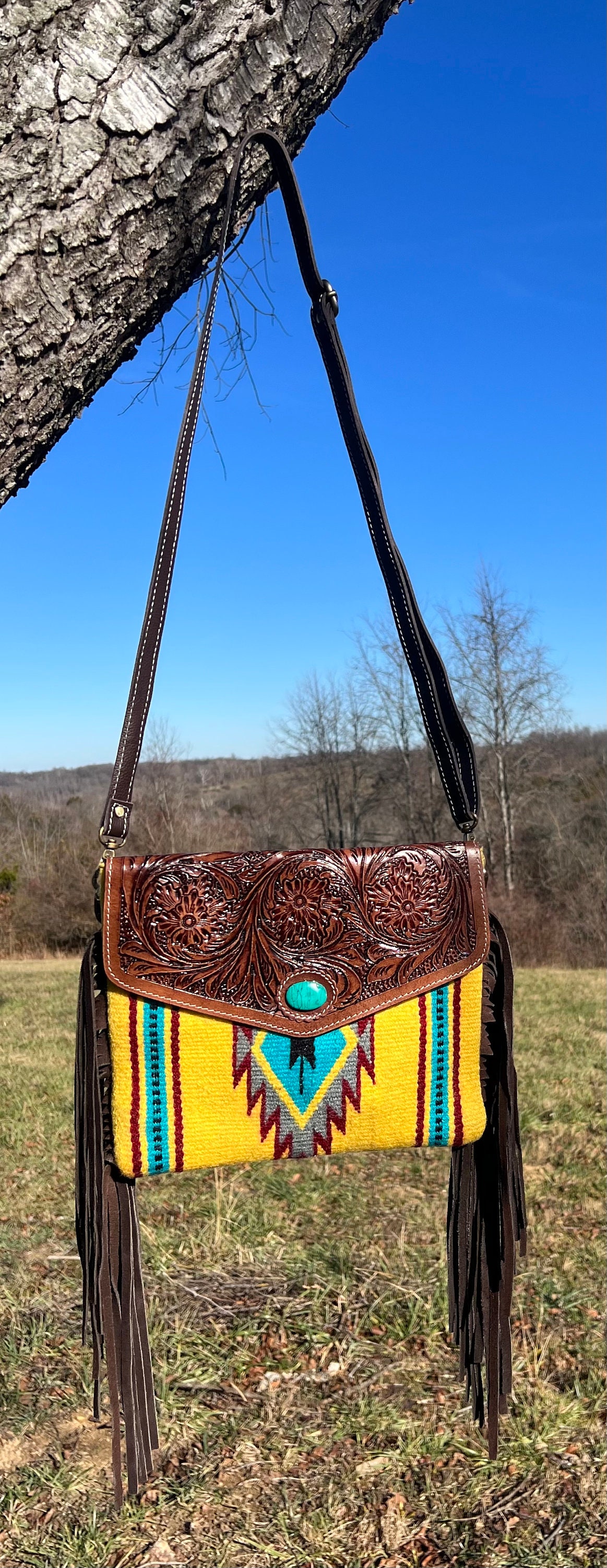 The Sunshine Western Tooled Leather & Aztec Wool Crossbody Bag From ...