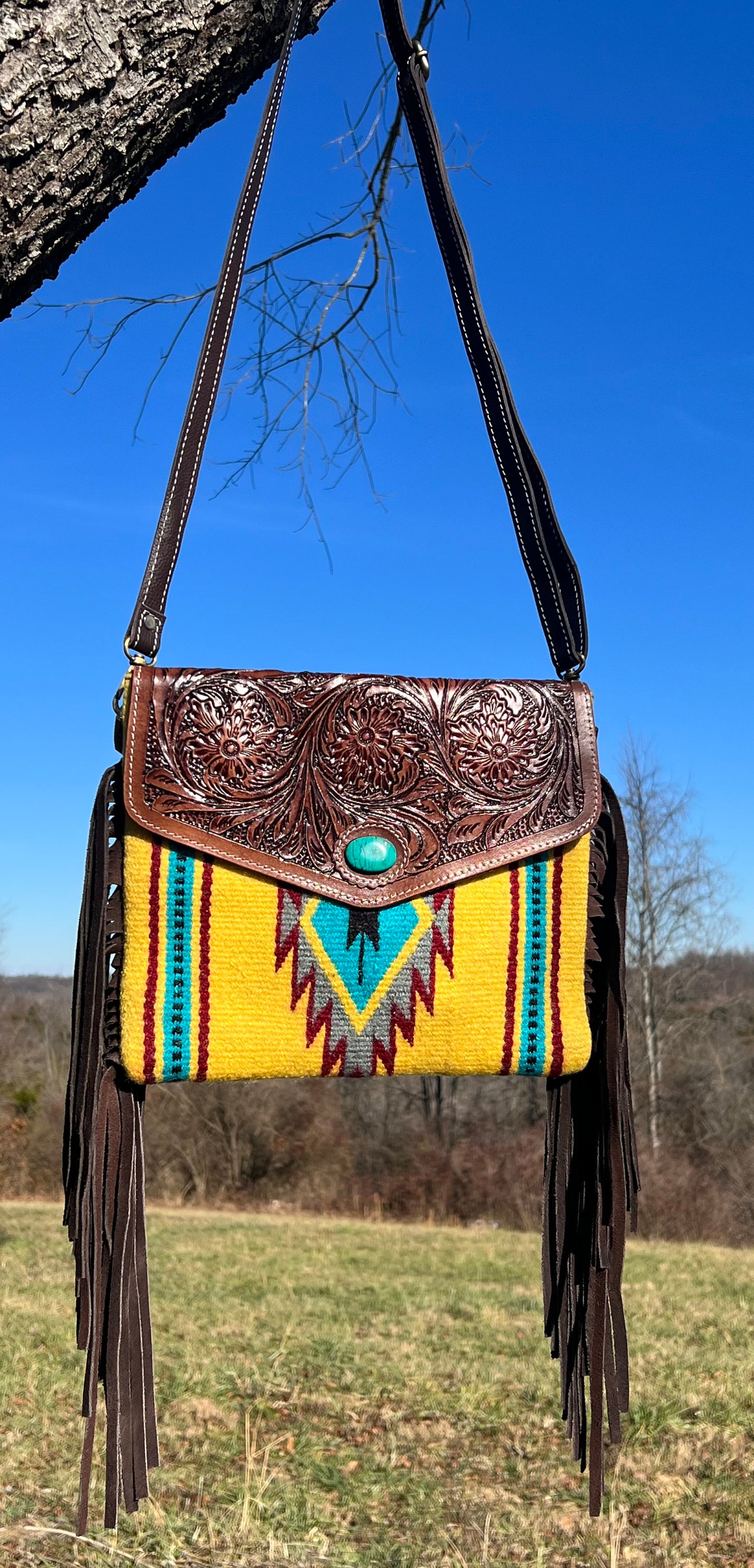 The Sunshine Western Tooled Leather & Aztec Wool Crossbody Bag From ...