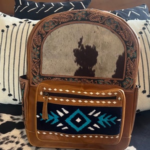The Rustic Azteca Full Size Tooled Leather & Cowhide Backpack a ...