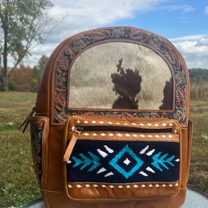 The Rustic Azteca Full Size Tooled Leather & Cowhide Backpack a ...