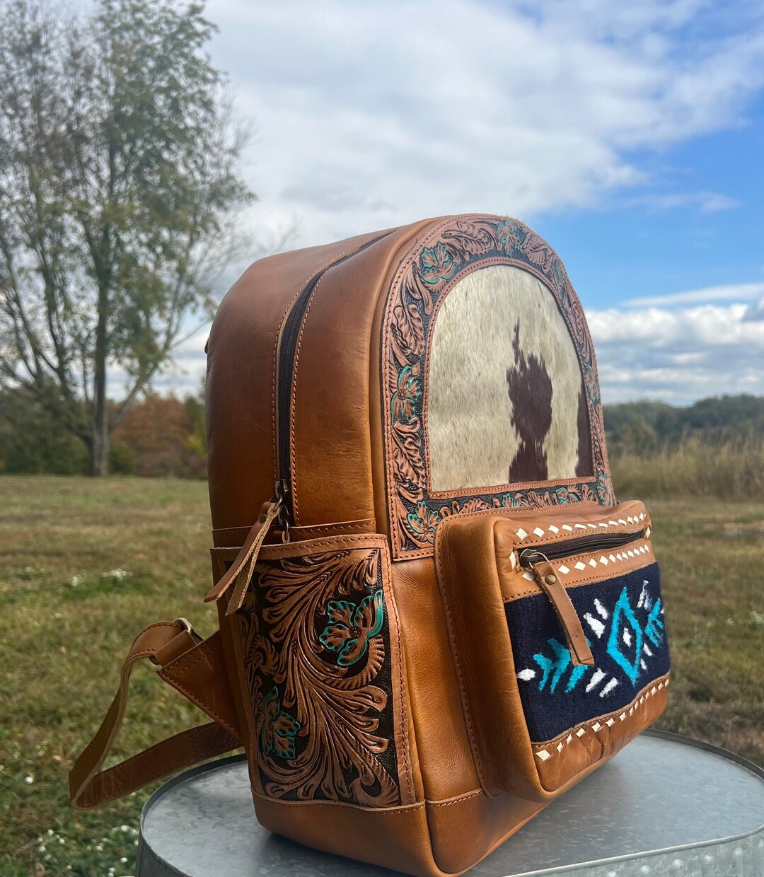 The Rustic Azteca Full Size Tooled Leather & Cowhide Backpack a ...