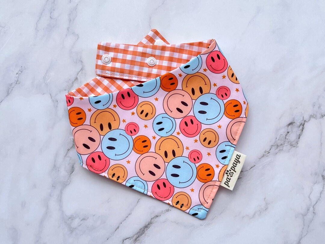 70s Retro Groovy Colourful Smiley Faces Snap on Dog & Cat Bandana ...