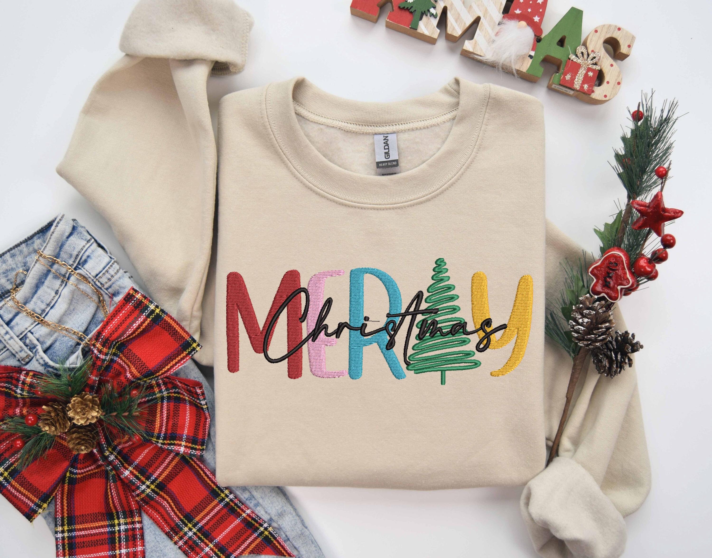 Embroidered Merry Christmas Sweatshirt, Colorful Merry Christmas Shirt ...