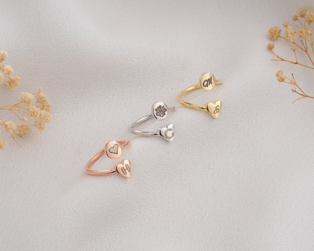 Dainty Initial Ring Custom Letter Ring With Engraved Heart on It for ...
