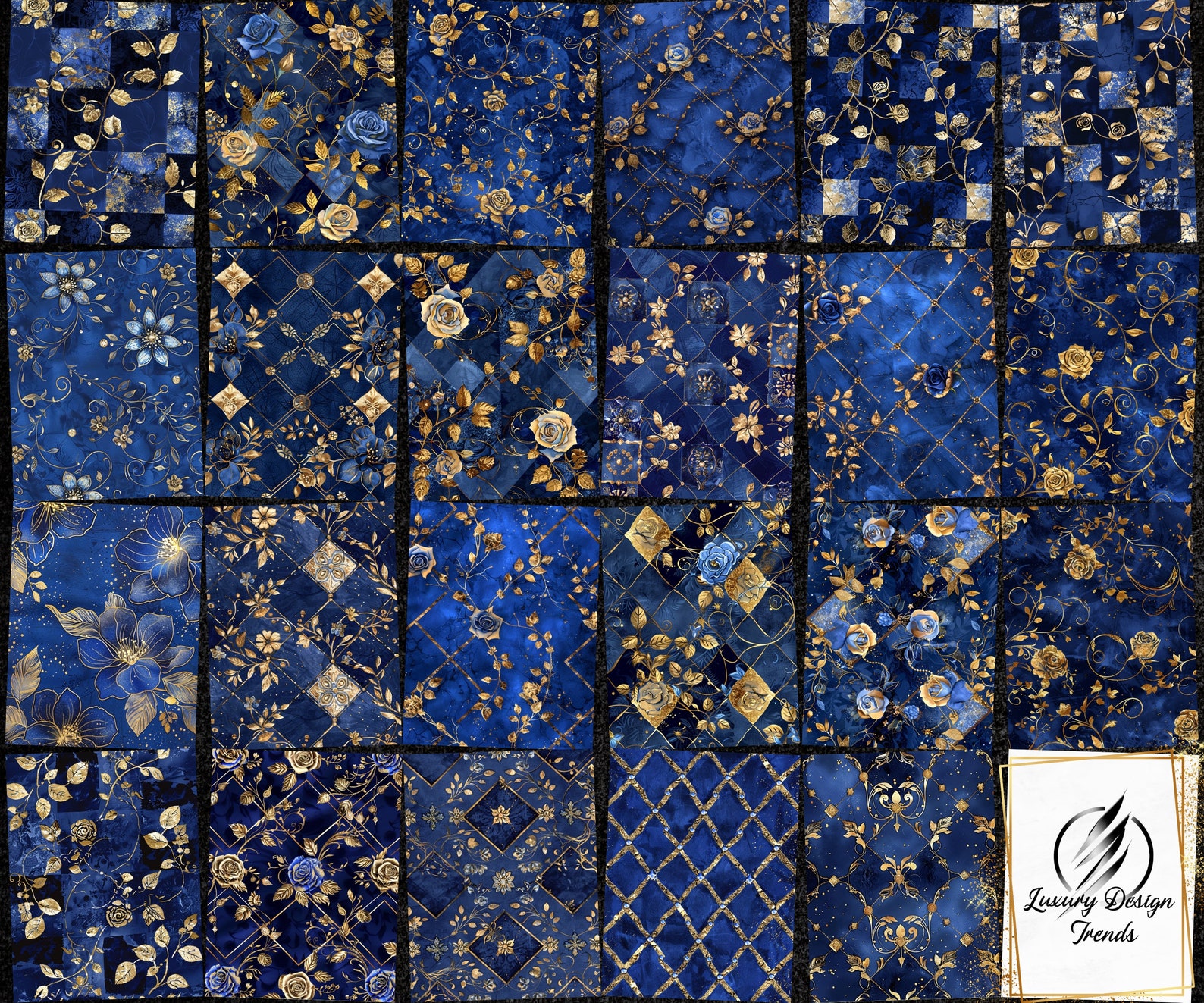 Printable Royal Blue & Gold Paper Bundle, Abstract, Asymmetric, Damask ...