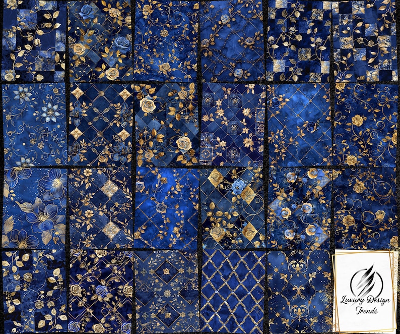 Printable Royal Blue & Gold Paper Bundle, Abstract, Asymmetric, Damask ...