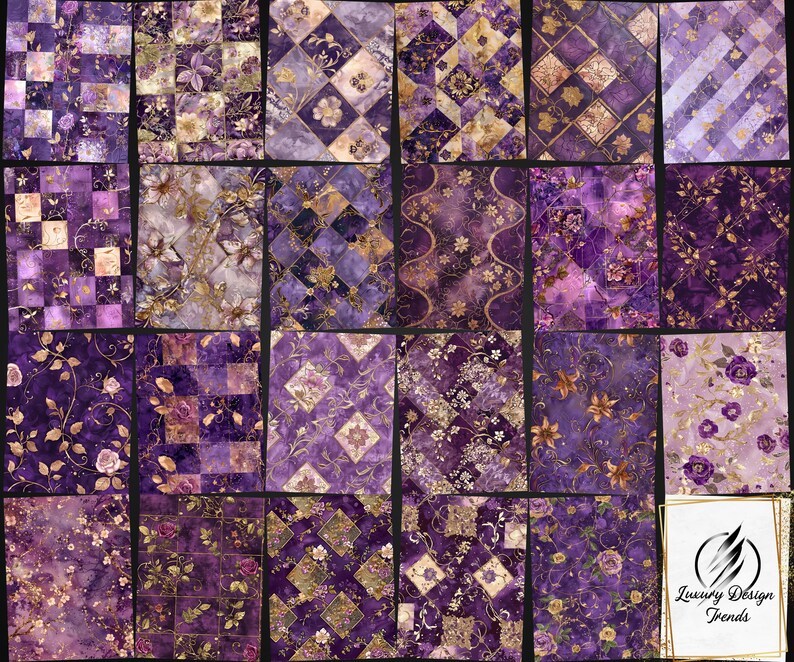 Purple & Gold Digital Paper Bundle | Classic and Abstract Floral Damask ...
