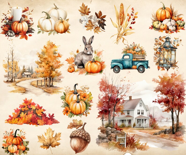 Cozy Cottagecore Autumn Clipart Bundle | Vintage Watercolor Pumpkins ...