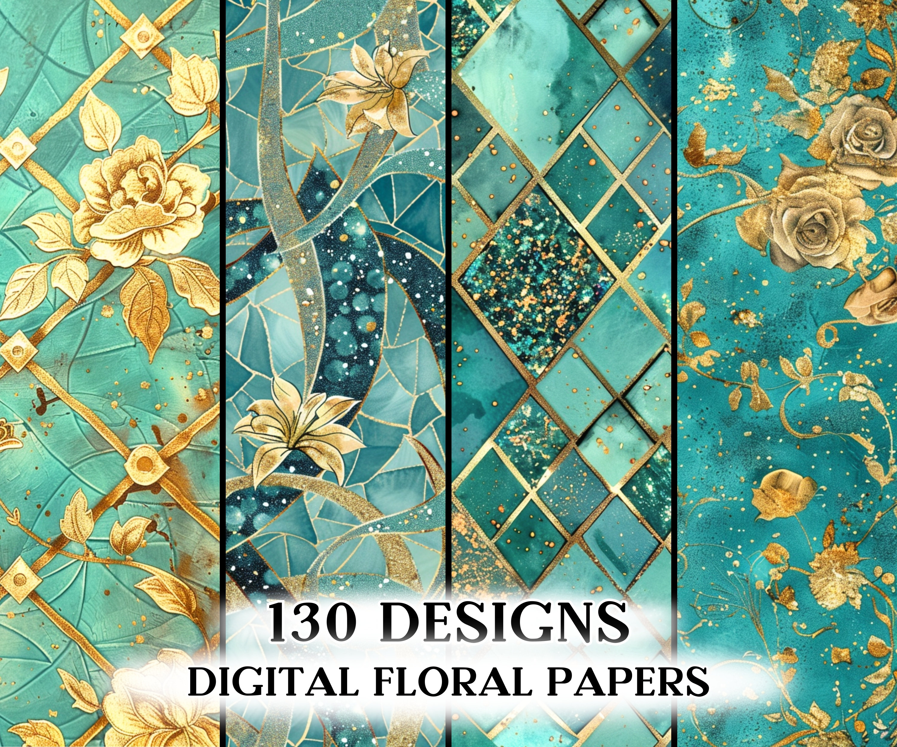 Blue, Green & Gold Digital Paper Bundle | Turquoise Classic, Abstract ...
