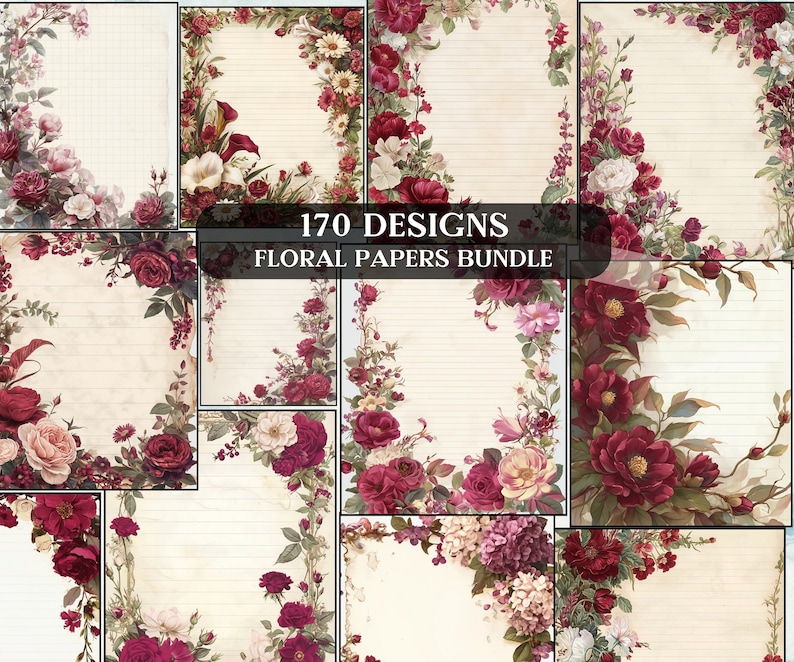 Blank Lined Journal Pages Bundle Burgundy Floral Writing Papers ...
