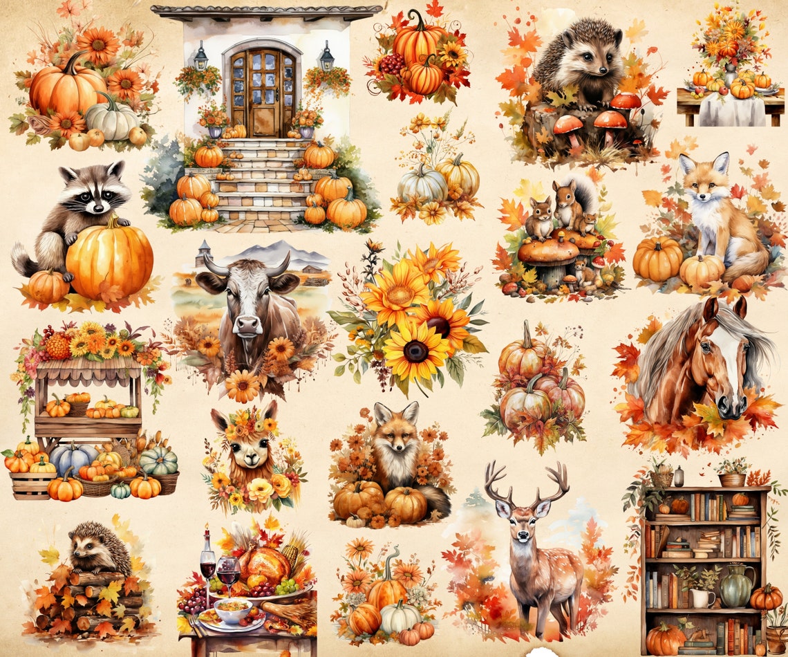 Cozy Cottagecore Autumn Clipart Bundle Vintage Watercolor Pumpkins ...
