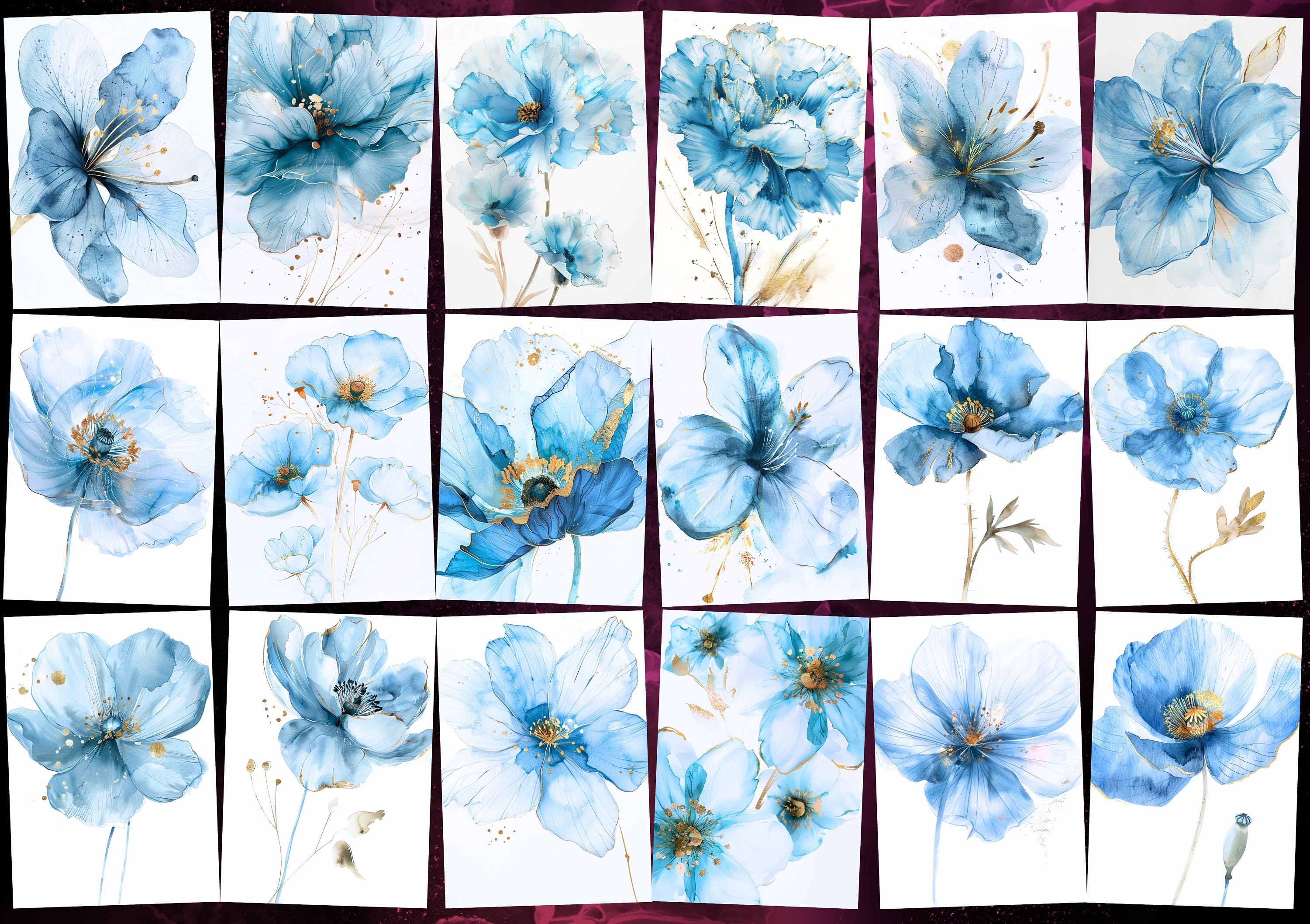 70 Abstract Flowers Clipart, Blue & Gold Floral Printable Watercolor ...