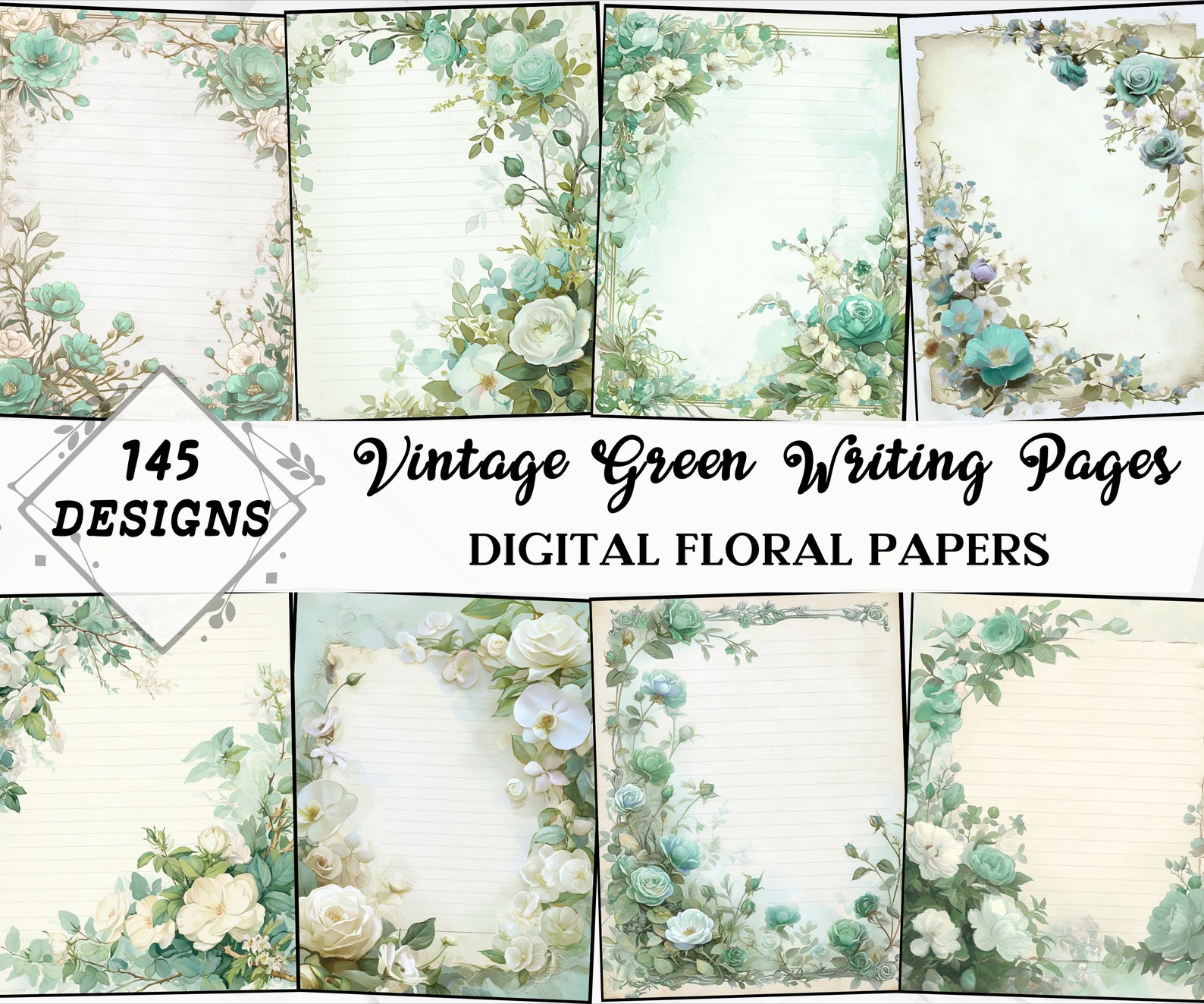 Blank Lined Journal Pages Bundle - Printable Shabby Green Roses ...
