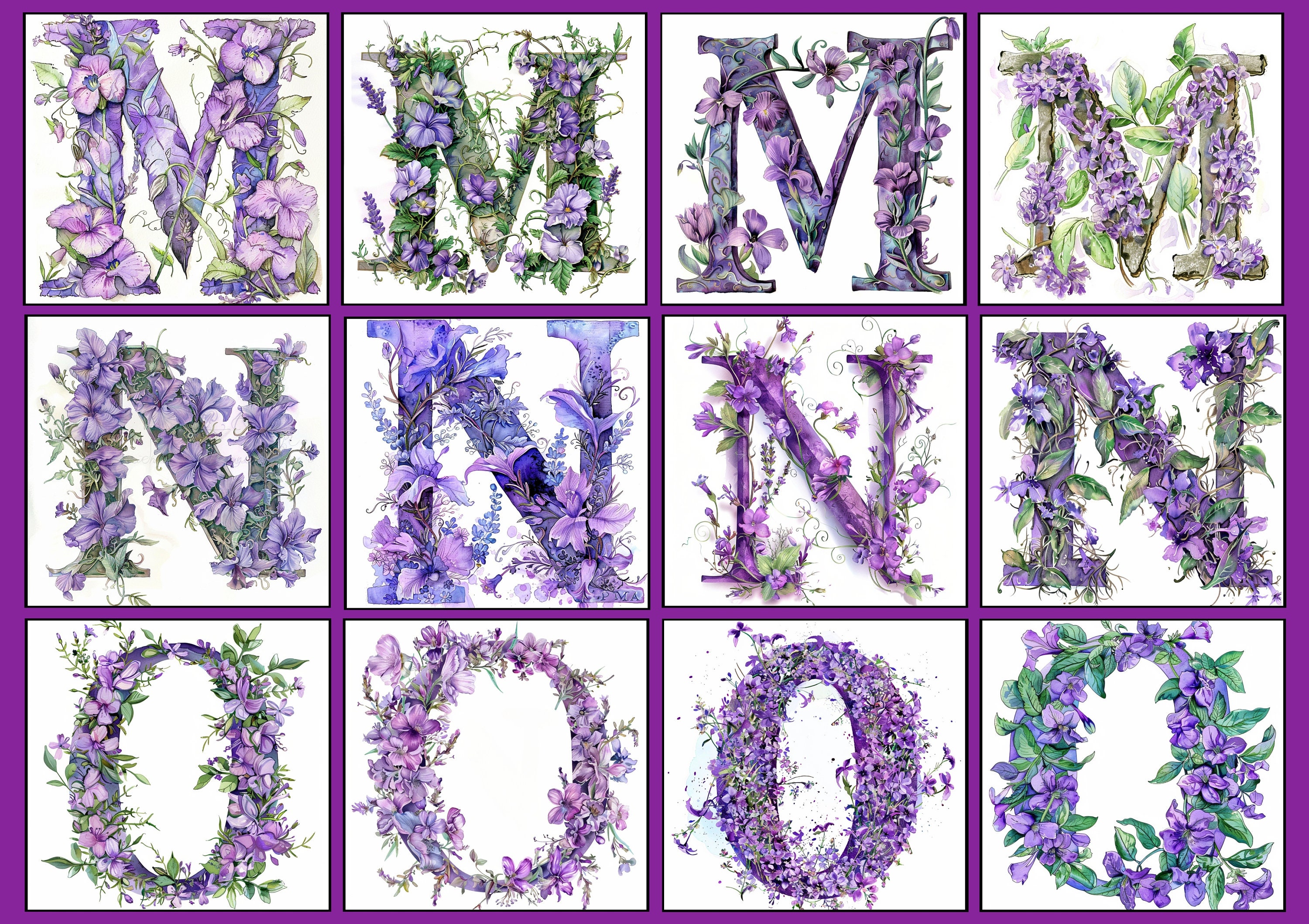 104 PNG, Watercolor Floral Alphabet Collection Clipart, Purple Alphabet ...