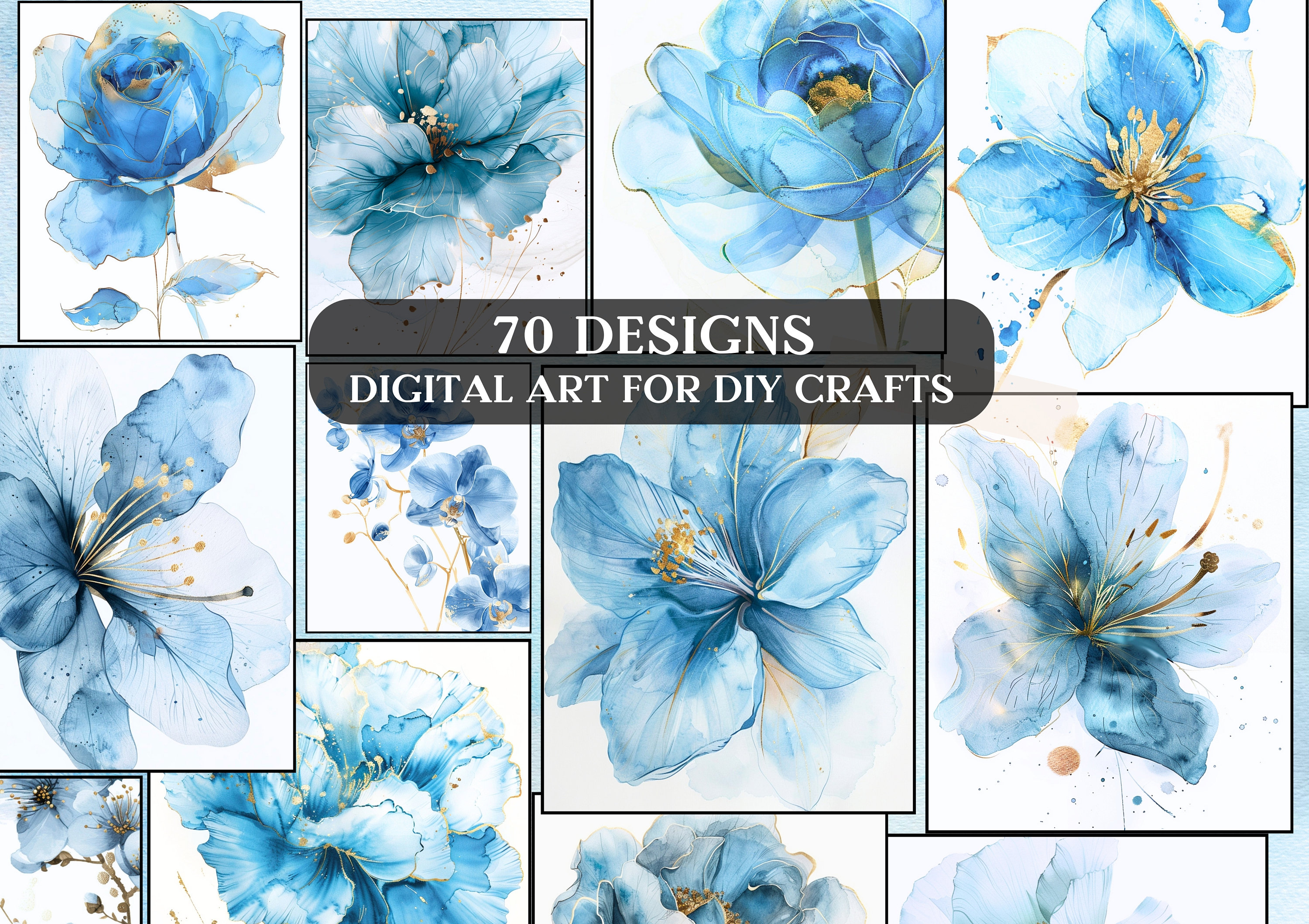 70 Abstract Flowers Clipart, Blue & Gold Floral Printable Watercolor ...