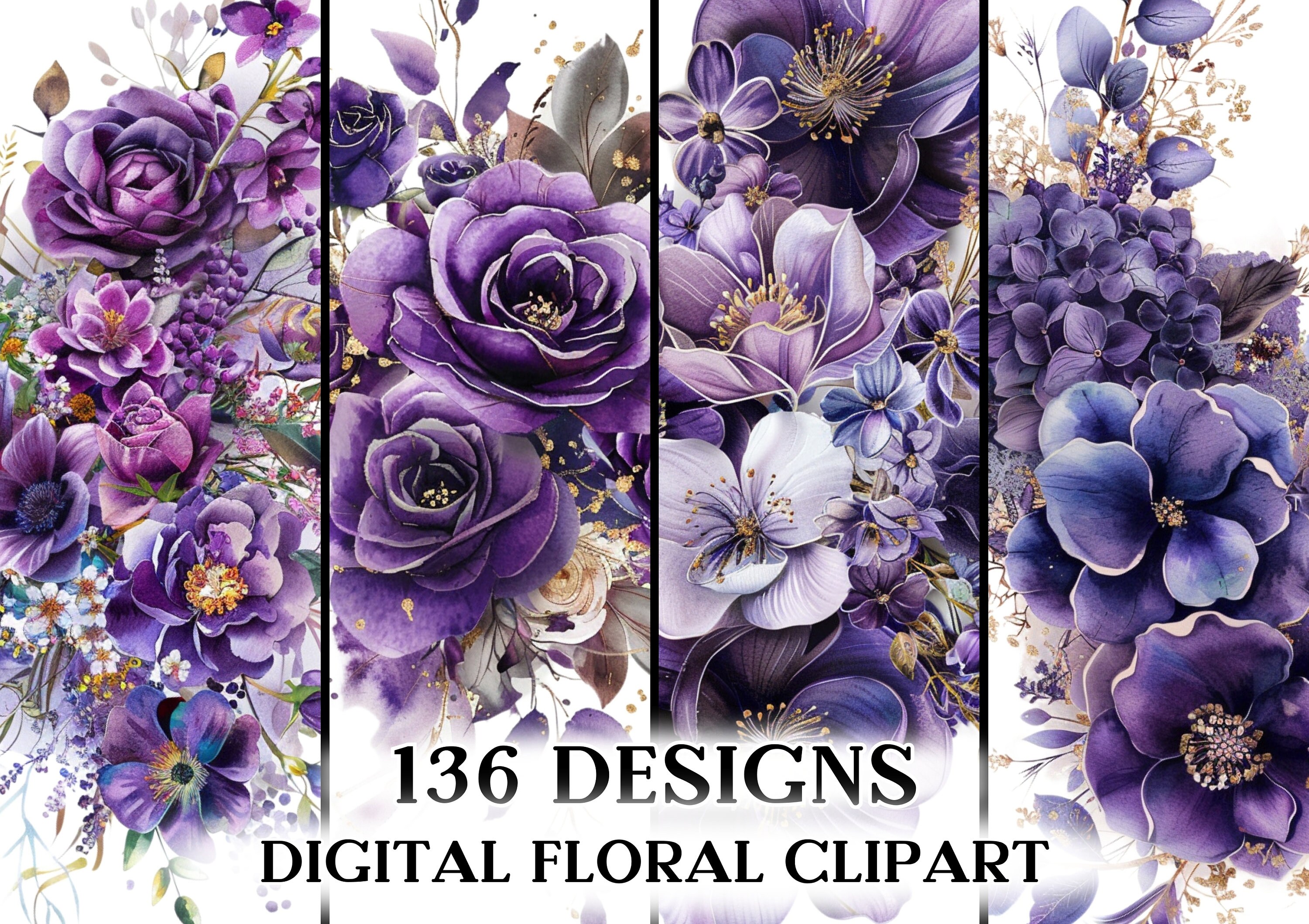 Violet & Gold Floral Clipart - Floral Watercolor Clipart - Purple ...