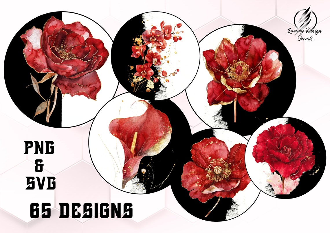 65 Abstract Flowers Clipart, Red & Gold Floral Printable Watercolor ...