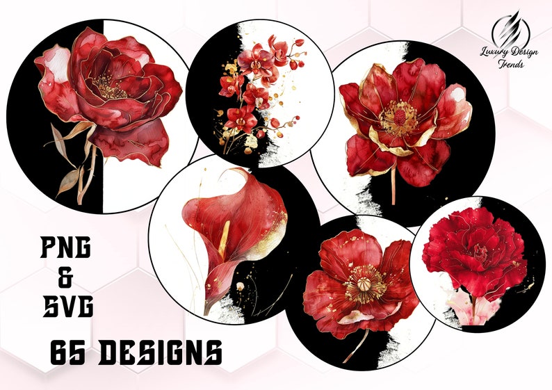 65 Abstract Flowers Clipart, Red & Gold Floral Printable Watercolor ...