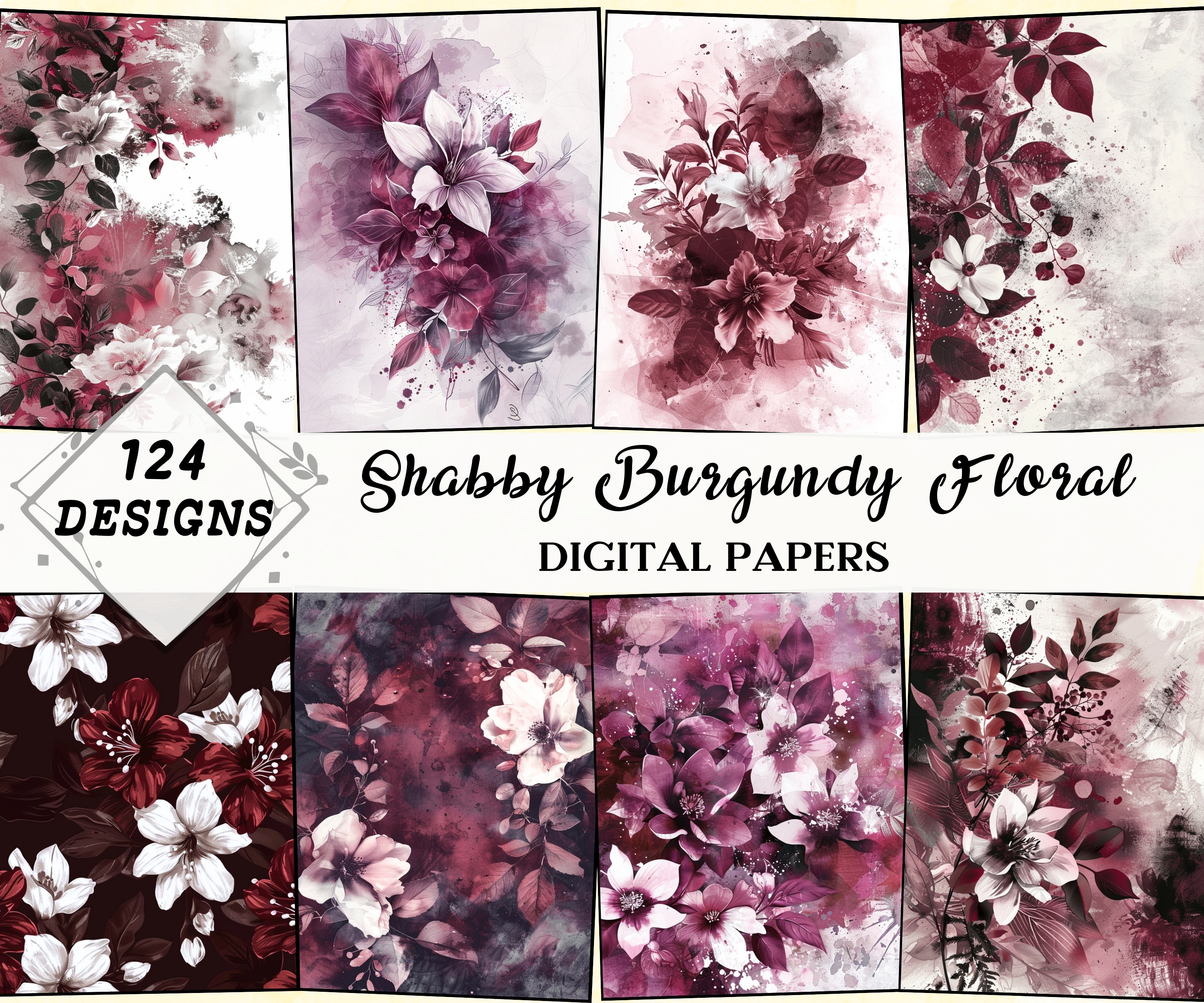 Big Bundle Burgundy Floral Digital Paper, Abstract Burgundy Watercolor ...