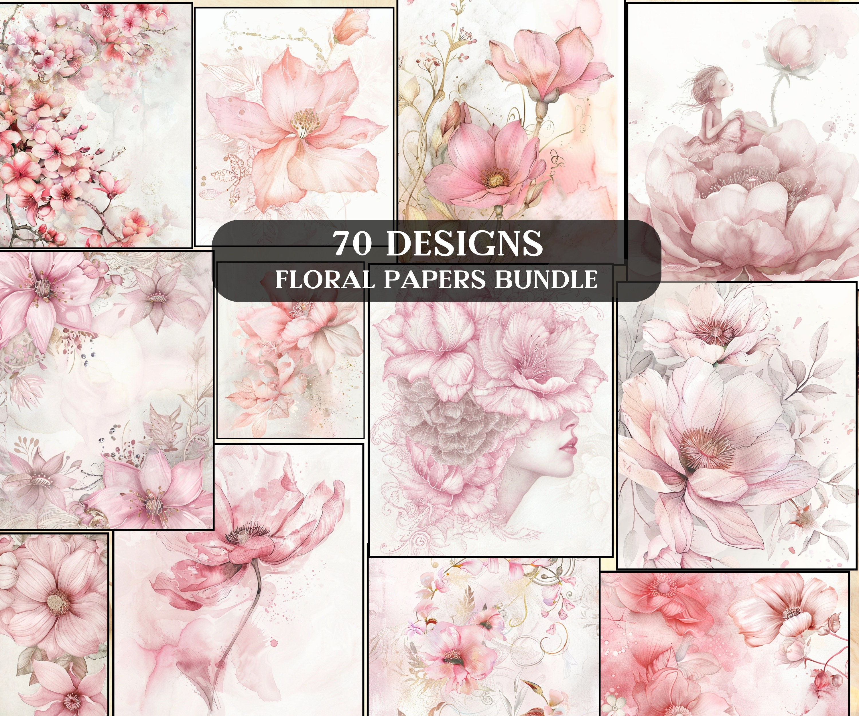 Boho Pink Floral Paper Bundle Pretty Watercolor Scrapbook Digital Pages ...