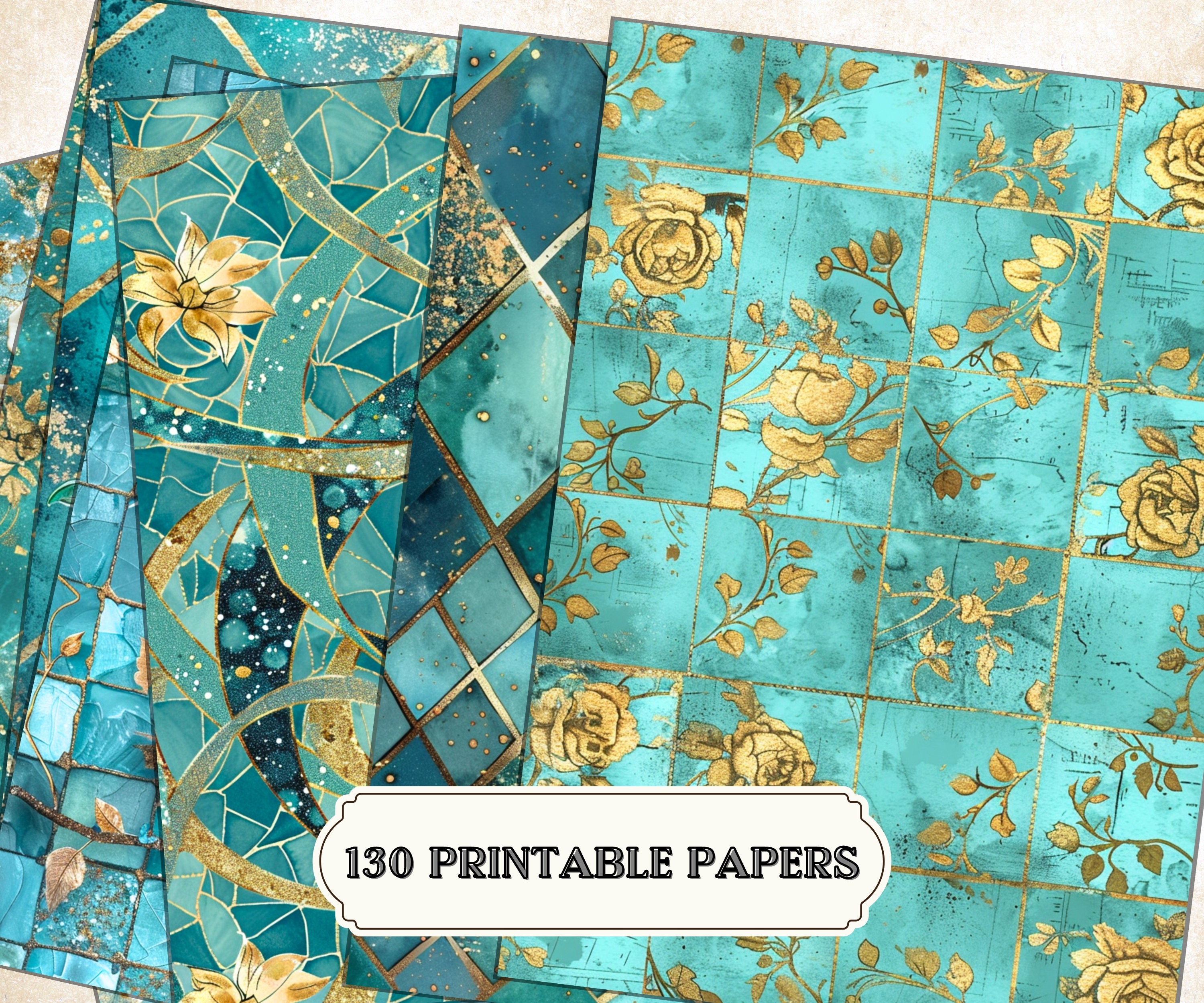 Blue, Green & Gold Digital Paper Bundle | Turquoise Classic, Abstract ...