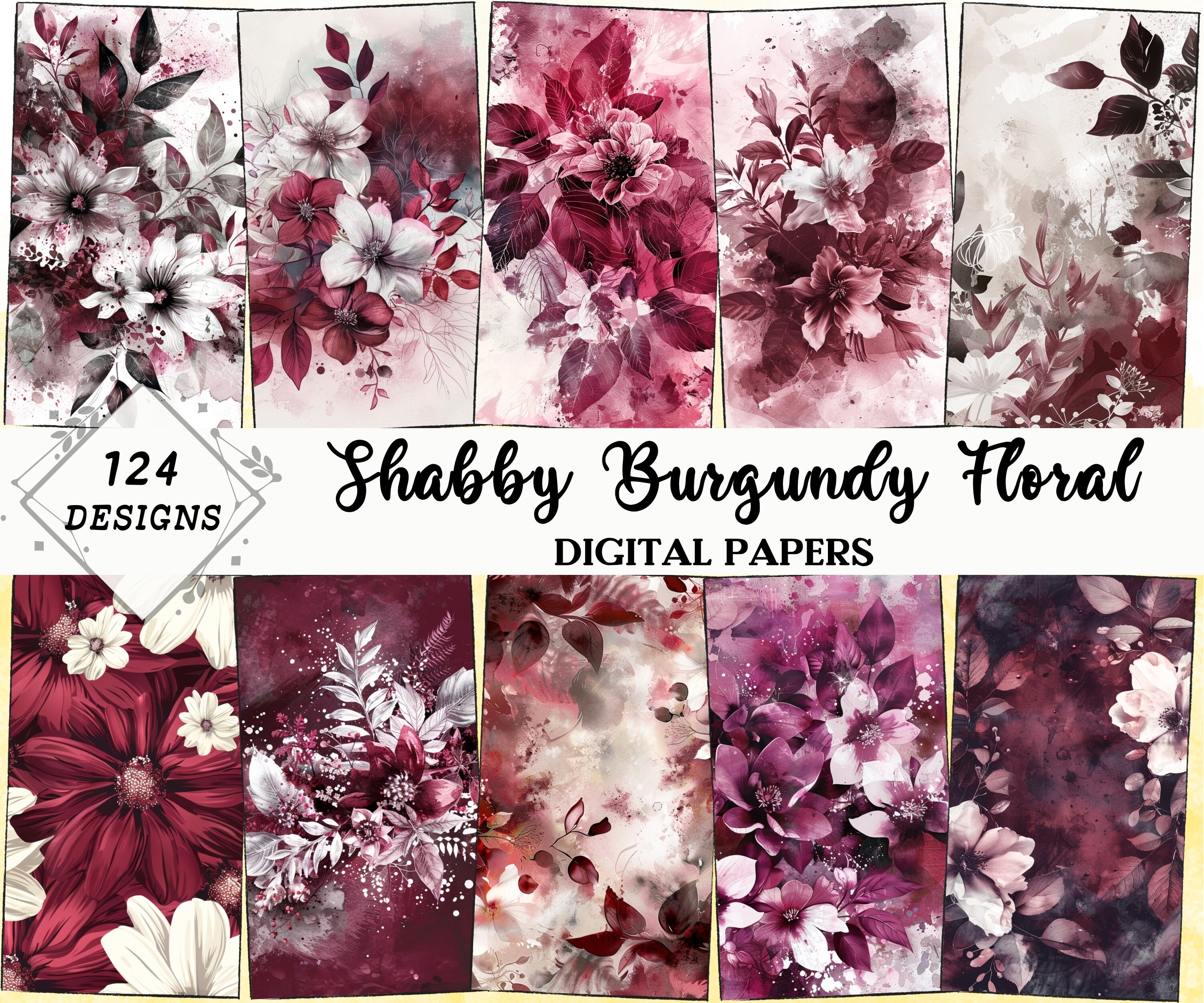 Big Bundle Burgundy Floral Digital Paper, Abstract Burgundy Watercolor ...