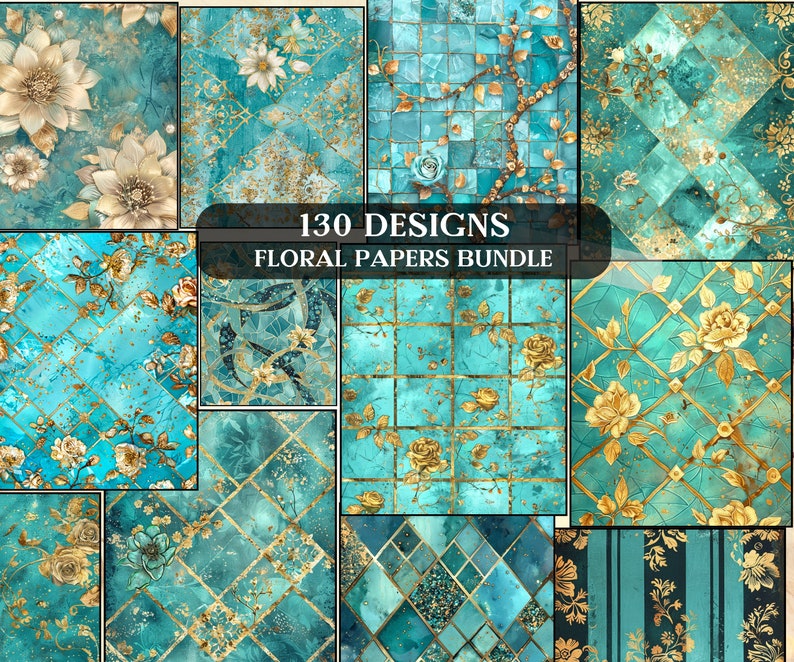 Blue, Green & Gold Digital Paper Bundle | Turquoise Classic, Abstract ...