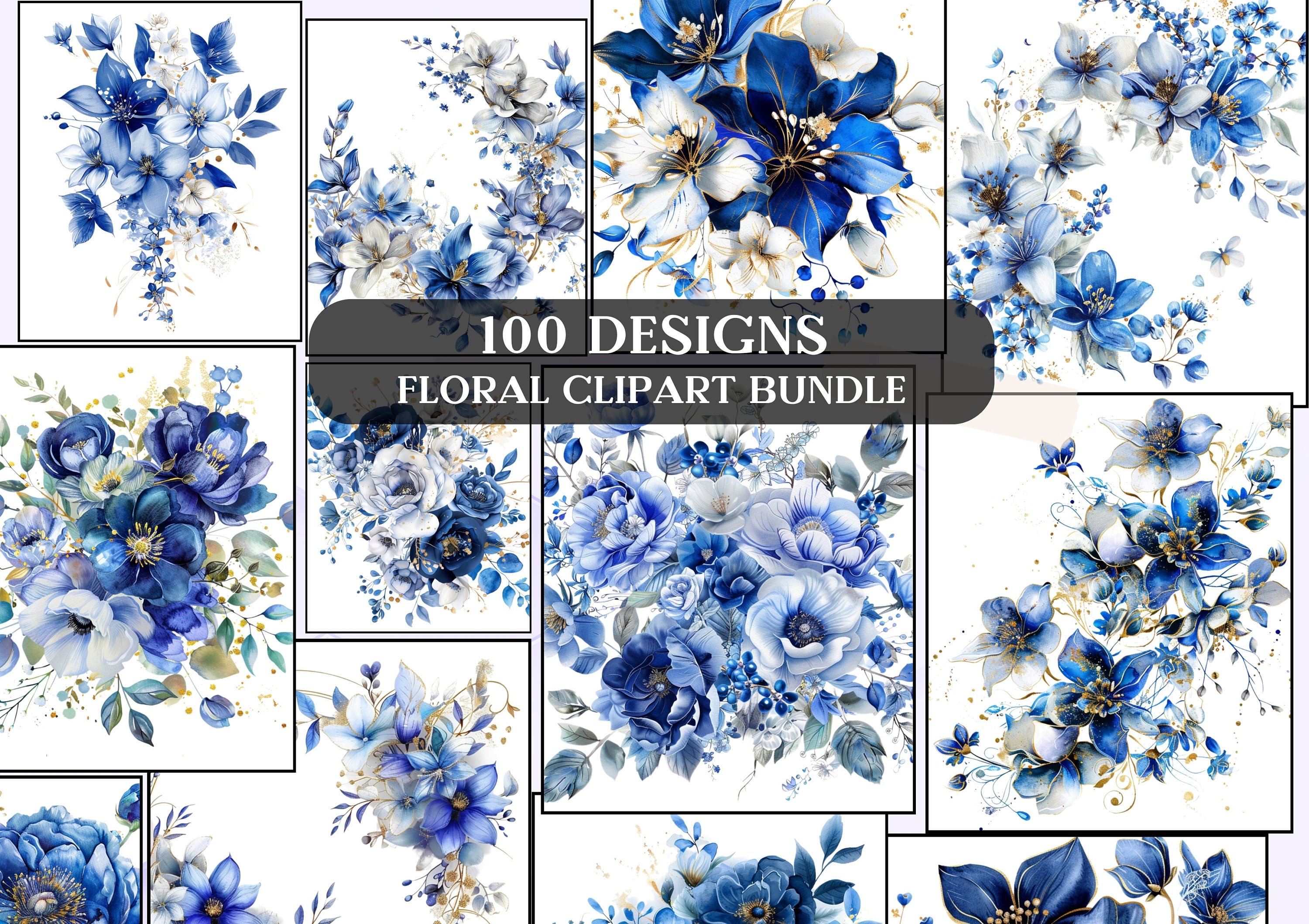 Royal Blue and Gold Floral Clipart Shabby Wedding Rustic Navy Blue ...