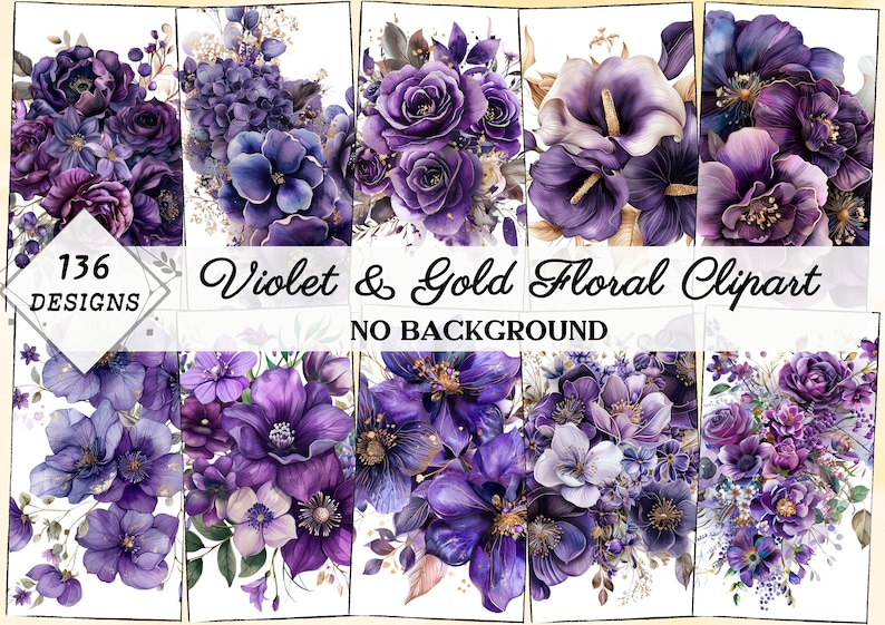 Violet & Gold Floral Clipart - Floral Watercolor Clipart - Purple ...