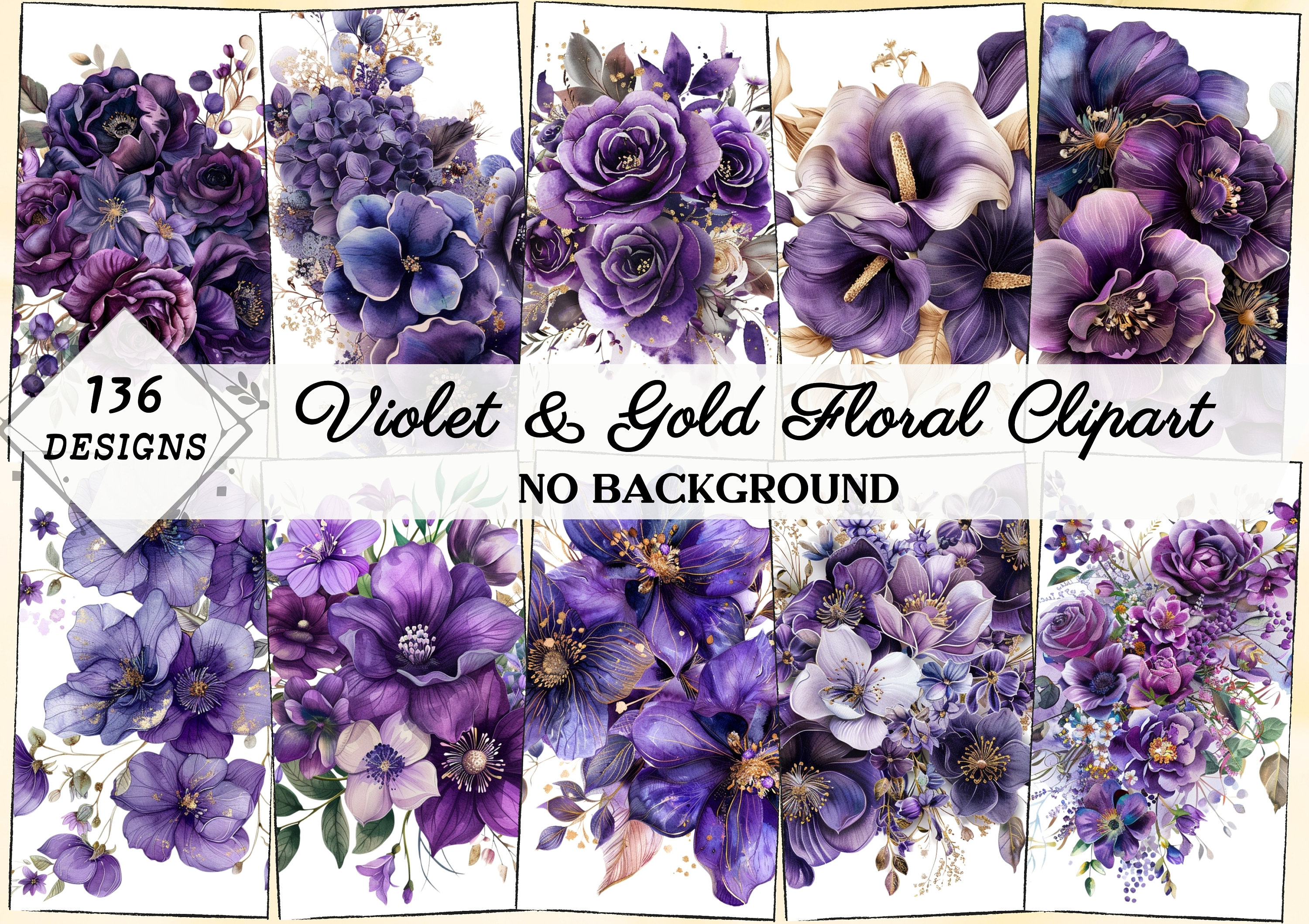 Violet & Gold Floral Clipart - Floral Watercolor Clipart - Purple ...